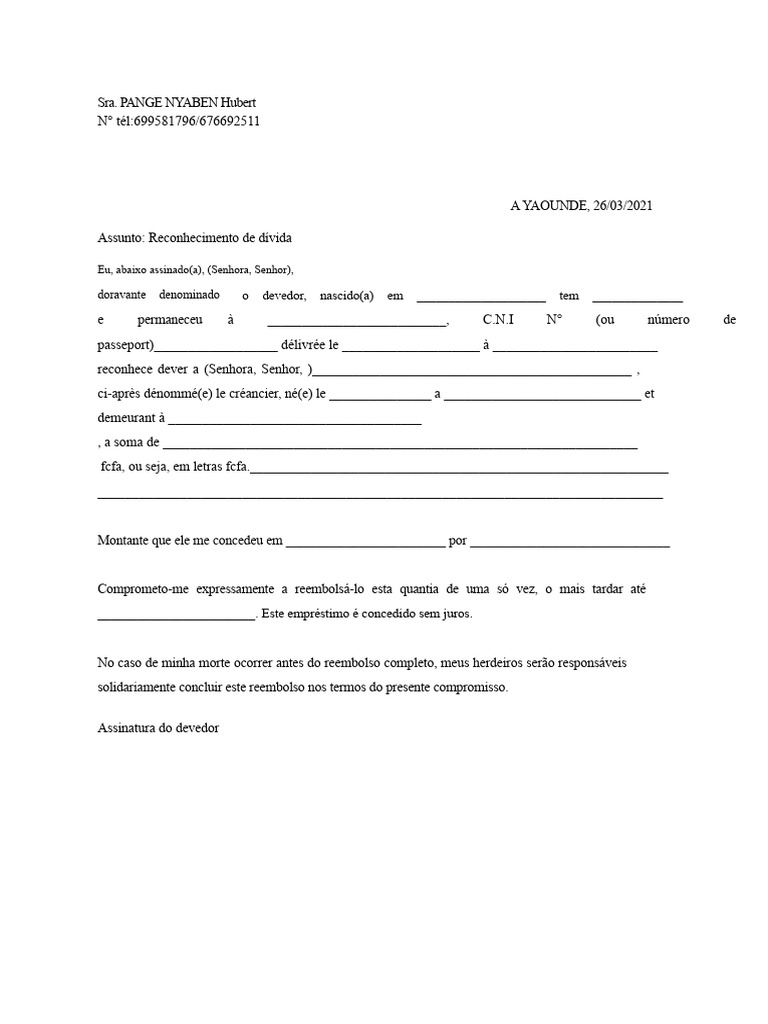 Reconhecimento de Dívida em Yaoundé | PDF