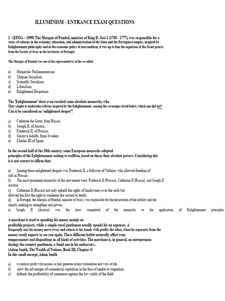 Enlightenment Exam Questions Guide | PDF | Age Of Enlightenment ...