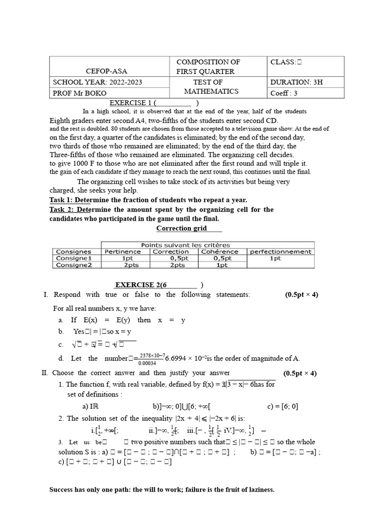 Mathematics Test for CEFOP-ASA 2022-2023 | PDF | Square Root | Real Number