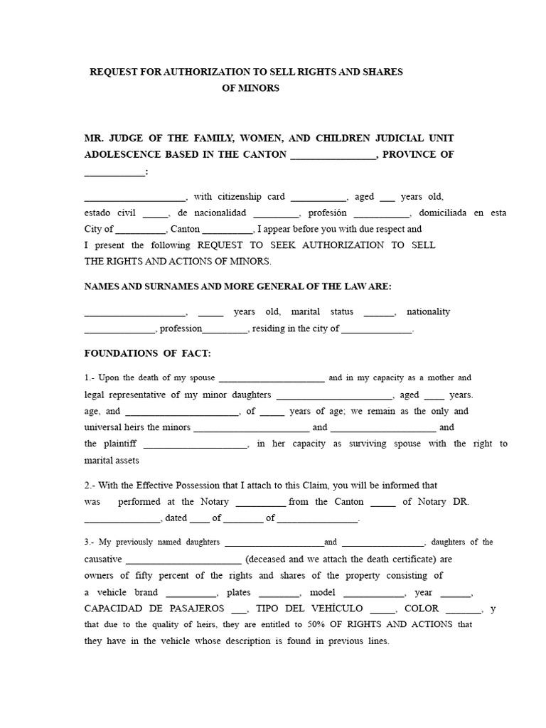 Application For Authorization To Sell Rights and Shares of A Minor ...