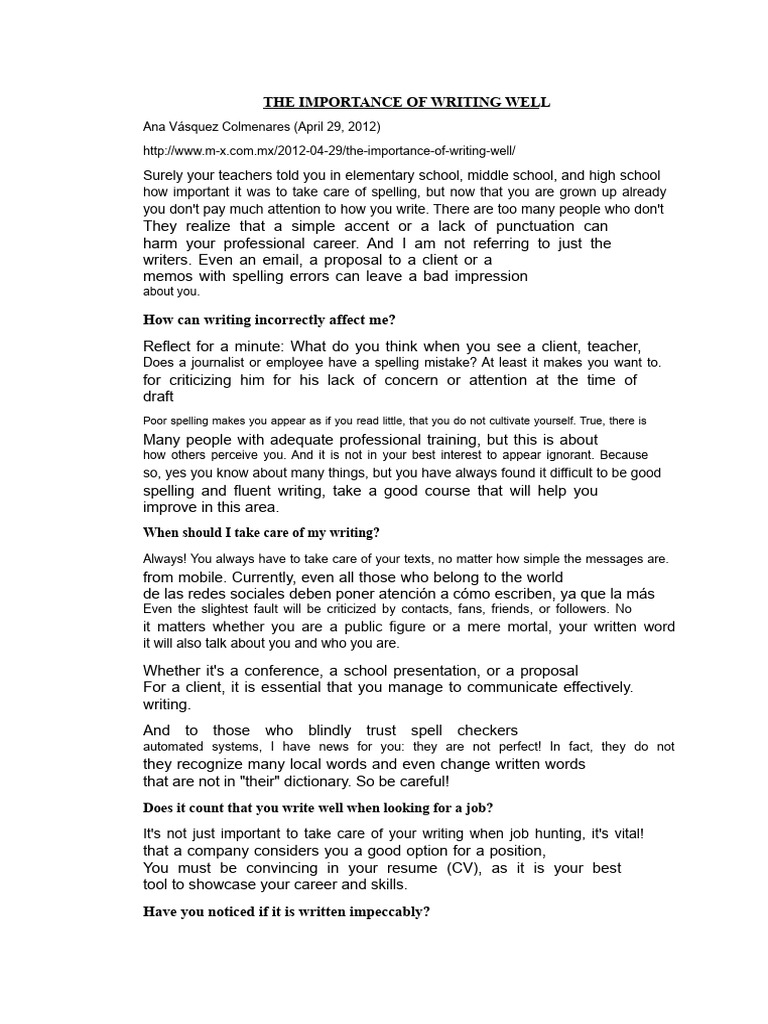 The Importance of Writing Well | PDF | Spelling | Human Communication