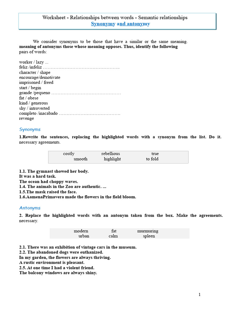 Word Relationships: Synonyms & Antonyms Worksheet | PDF | Vocabulary ...