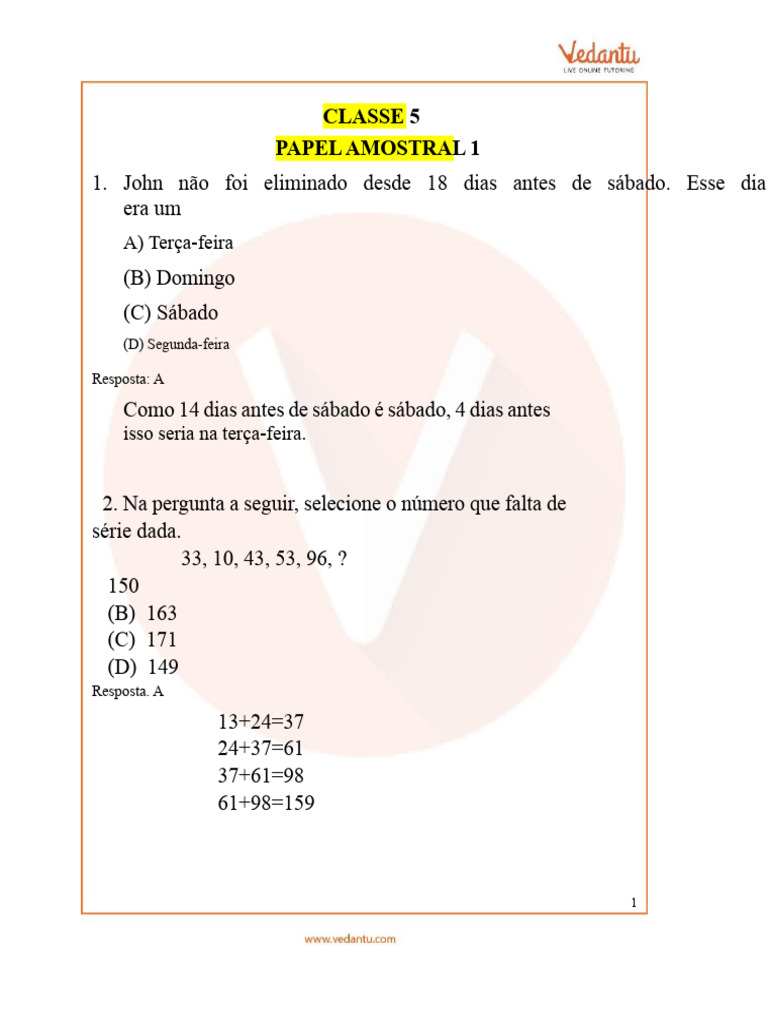 Prova de Amostra da Olimpíada de Matemática Imo 1 Classe 5 (1) 2016 | PDF