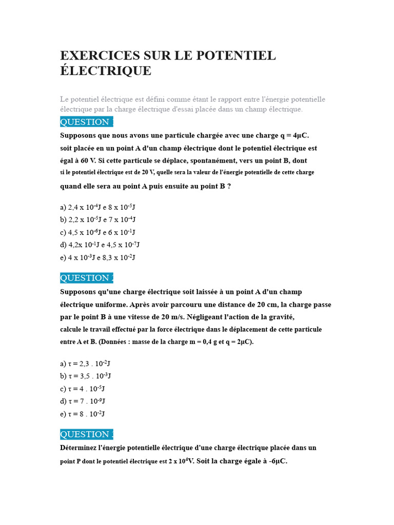 Exercices sur le potentiel électrique | PDF | Physique théorique ...
