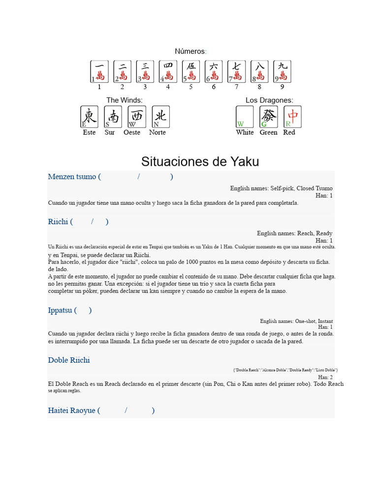 Guía de Yaku en Mahjong: Tipos y Valores | PDF