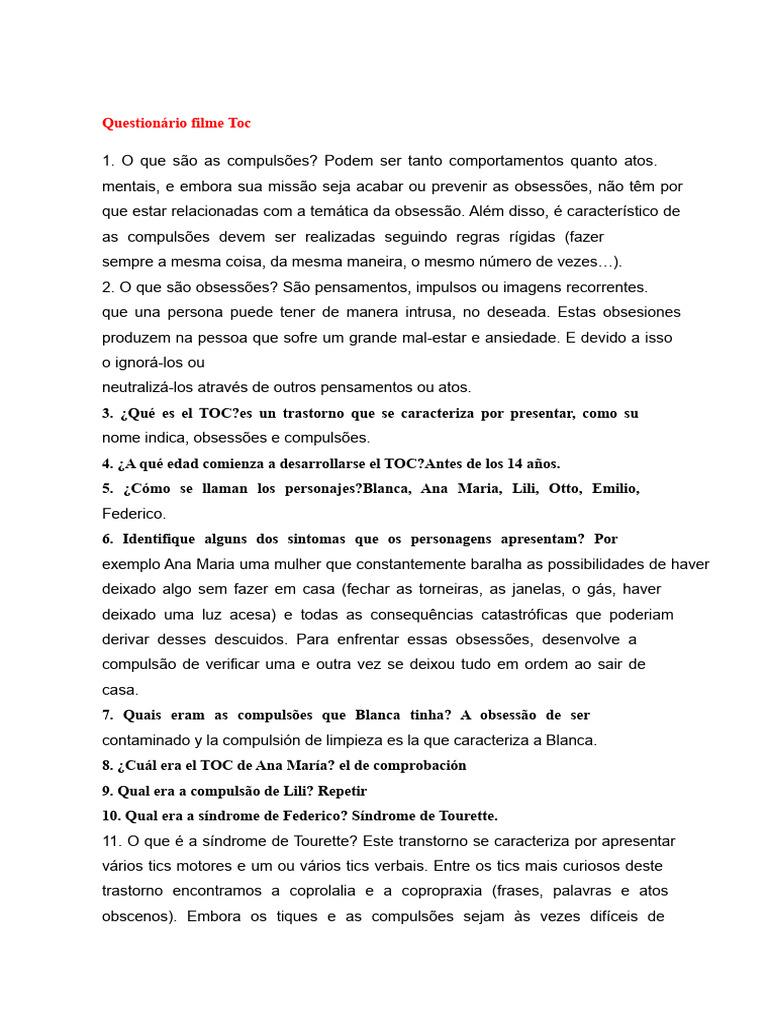 Questionário Filme Toc Toc | PDF | Transtorno obsessivo compulsivo (TOC) | Saúde mental