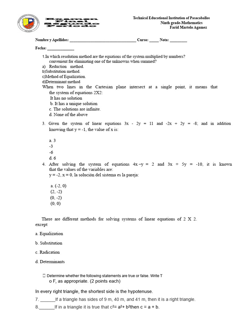 Ninth Grade Exam Second Period 2019 | PDF | Equations | Mathematics