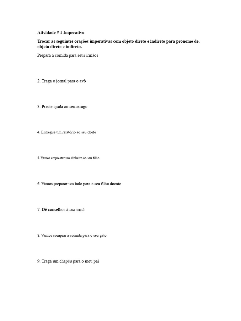 Atividade # 1 Imperativo Com Objeto Direto e Indireto | PDF