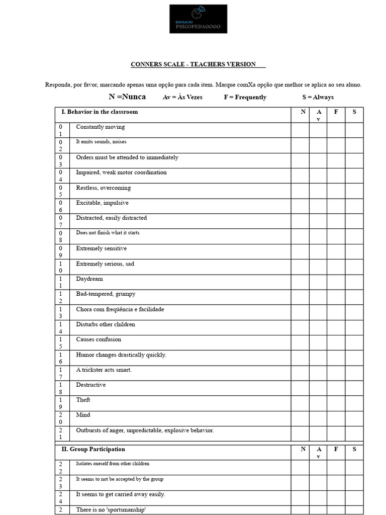 Conners Teacher Scale for ADHD Assessment | PDF | Attention Deficit ...