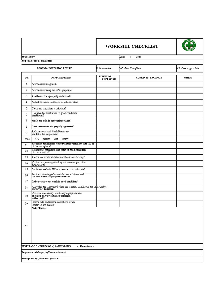 Worksite Safety Inspection Checklist | PDF | Personal Protective ...