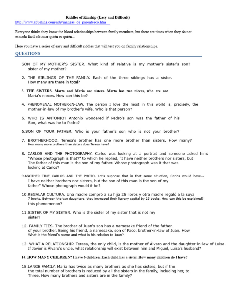 Family Relationship Riddles Challenge | PDF | Family | Interpersonal ...