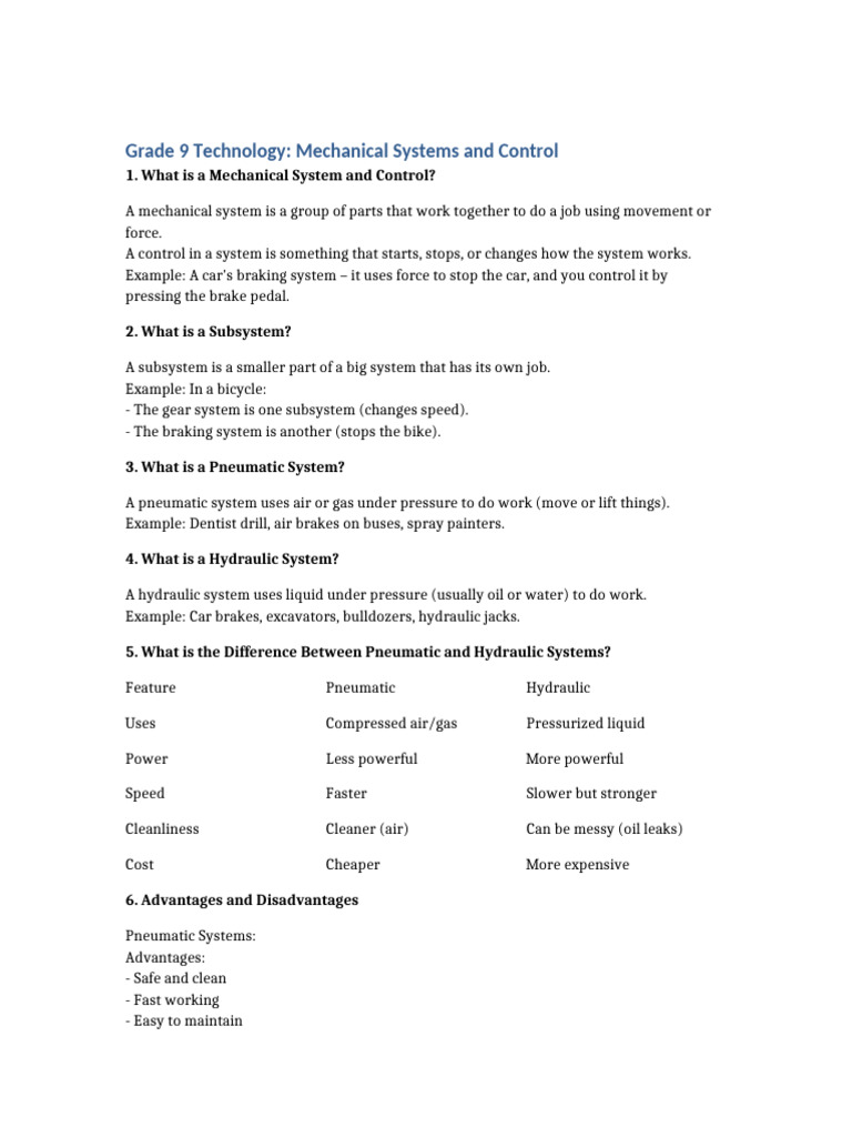 Grade 9 Mechanical Systems Overview | PDF | Brake | Pressure
