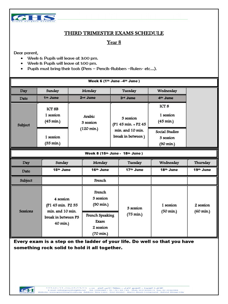 3rd Trimester Exams Schedule Y.8 24-25 - | PDF