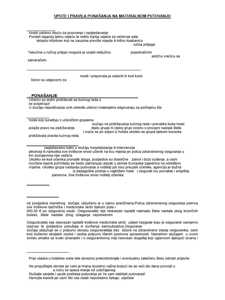 Pravila Ponašanja I Upute Za Maturalno Putovanje | PDF