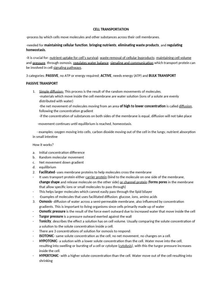 BIO 1 Cell Transportation | PDF | Osmosis | Cell Membrane