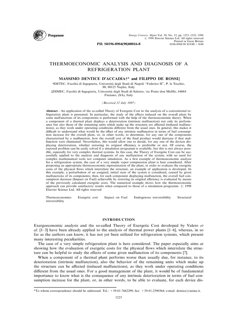 Thermoeconomic Analysis and Diagnosis of a Refrigeration Plant | PDF | Exergy | Refrigeration