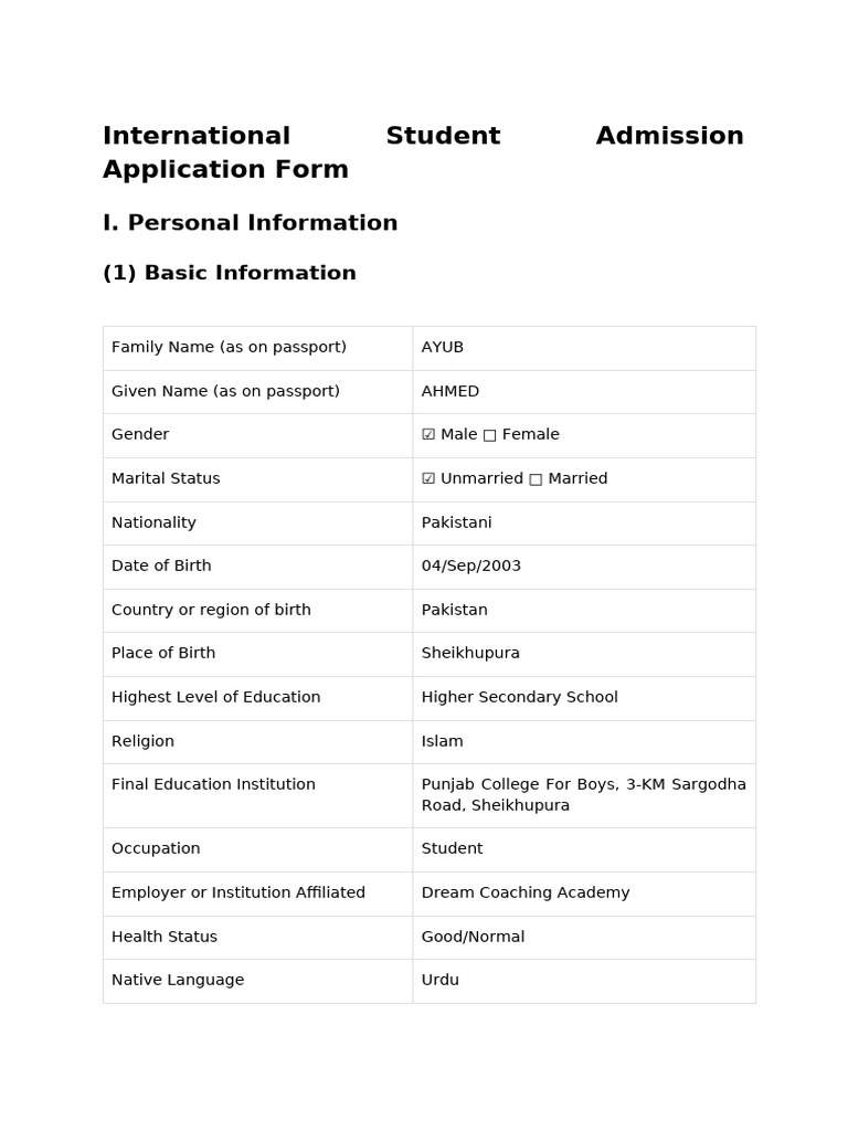 International Student Admission Application Form-1 | PDF
