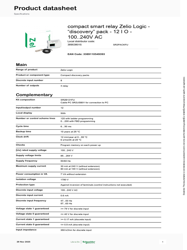 Schneider Electric Smart Relays Zelio Logic SR2PACKFU | PDF | Relay ...