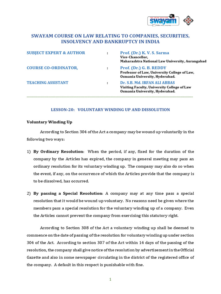 Lesson-20 Voluntary Winding Up and Dissolution | PDF | Liquidation ...