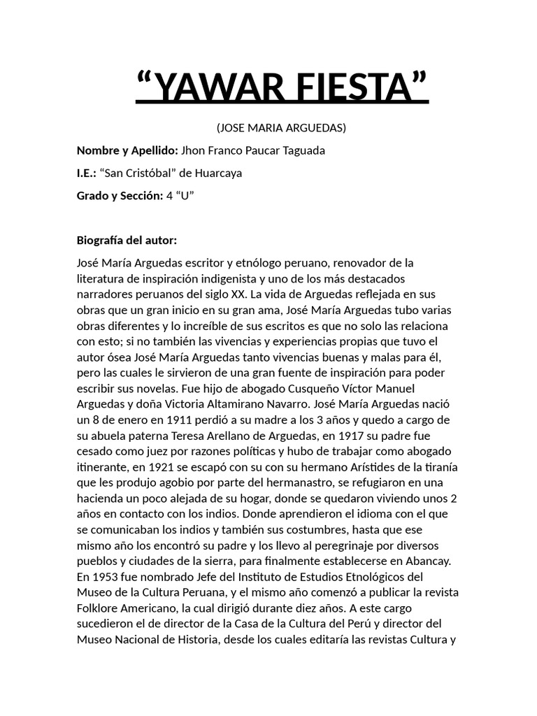 YAWAR FIESTA ensayo de jhon franco paucar taguada | PDF