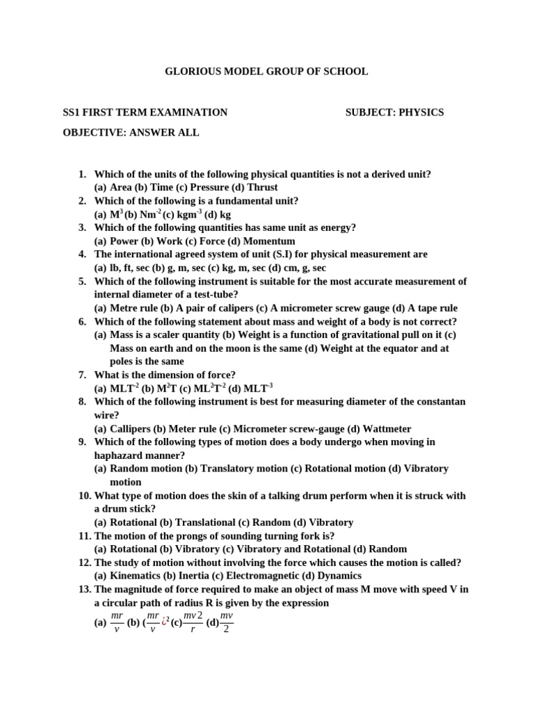 Glorious Model Group of School Physics Ss1 | PDF | Force | Mass