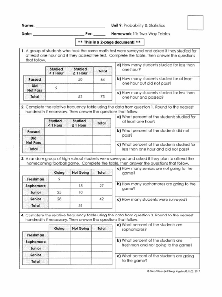 Two Way Table HW | PDF