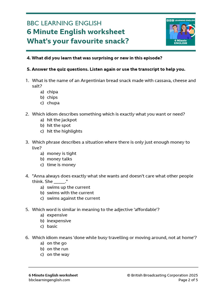 6 Minute English Whats Your Favourite Snack Worksheet | PDF
