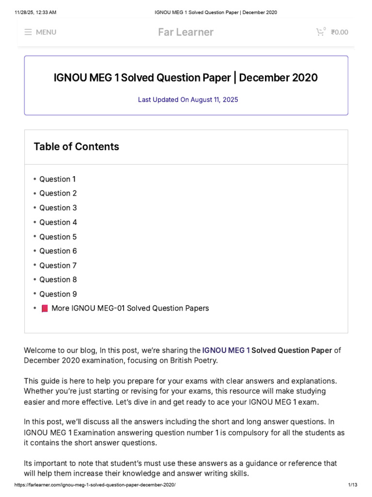 IGNOU MEG 1 December 2020 Solutions | PDF | Poetry | W. B. Yeats