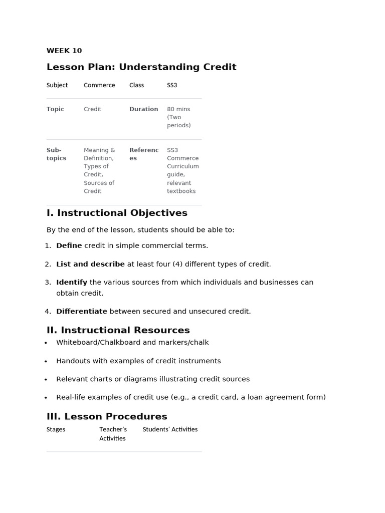 Credit Concepts for SS3 Commerce Class | PDF | Credit | Finance & Money ...