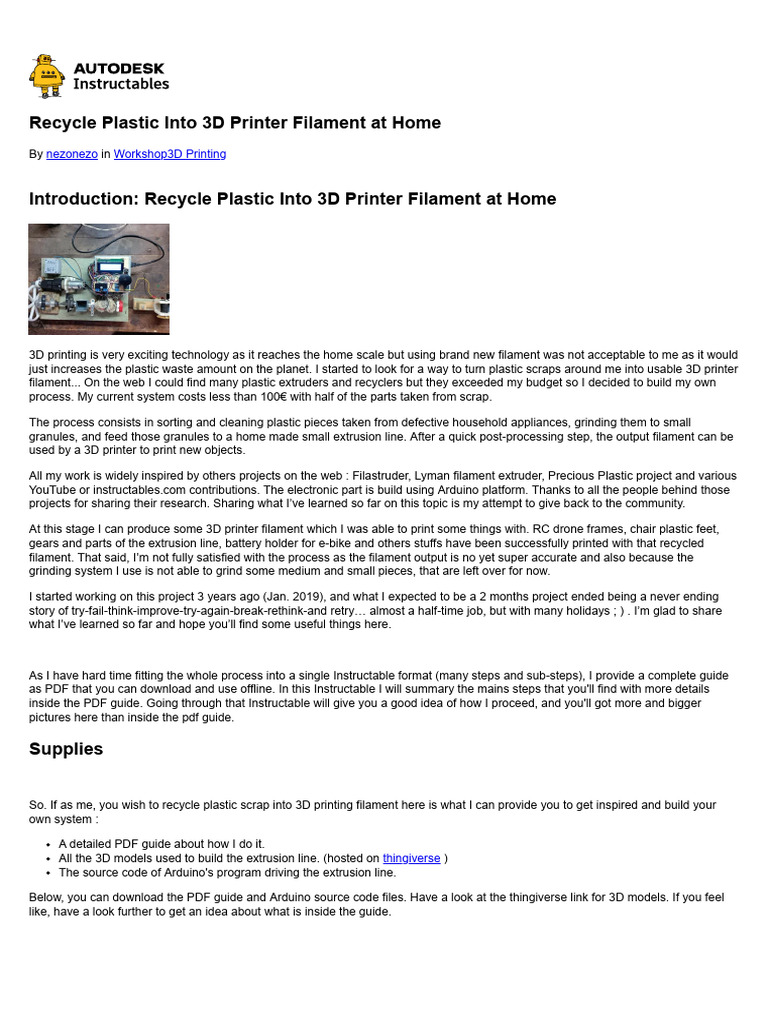 Recycle Plastic Into 3D Printer Filament at Home | PDF | Extrusion | 3 ...