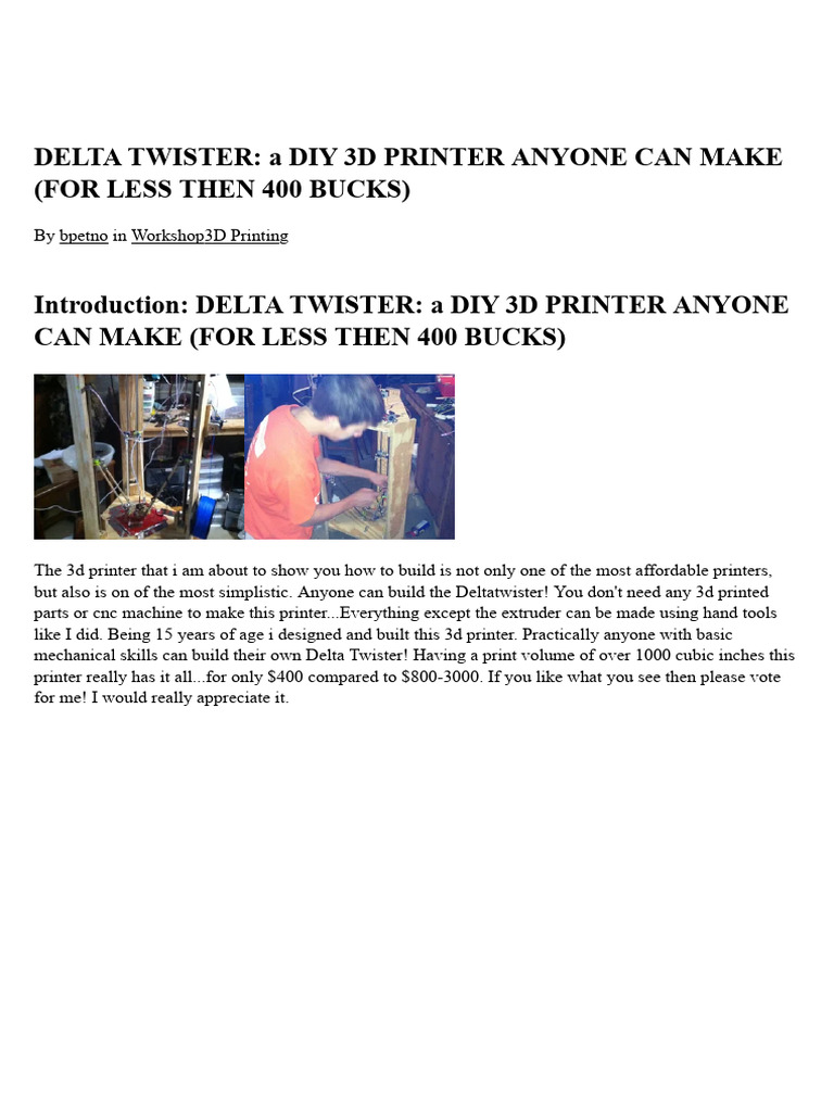 Delta Twister: A Diy 3d Printer Anyone Can Make (For Less Then 400 ...