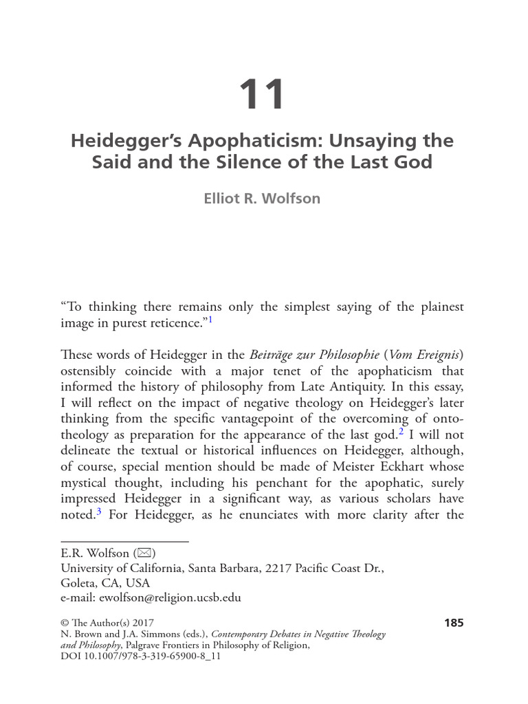 Heidegger's Apophaticism Unsaying The Said and The Silence of The Last ...