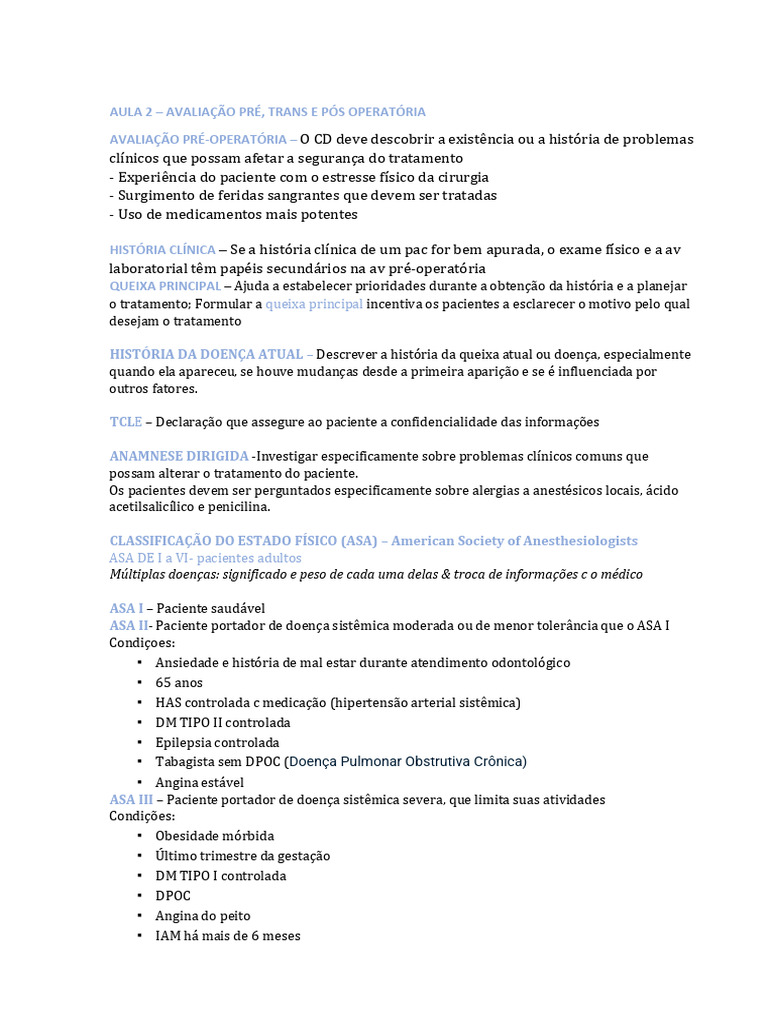 Avaliação Pré, Trans e Pós Operatória | PDF