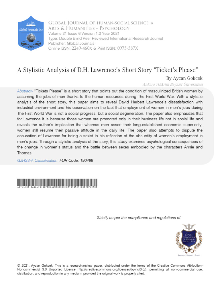 A Stylistic Analysis of D H Lawrence's Short Story "Ticket's Please ...