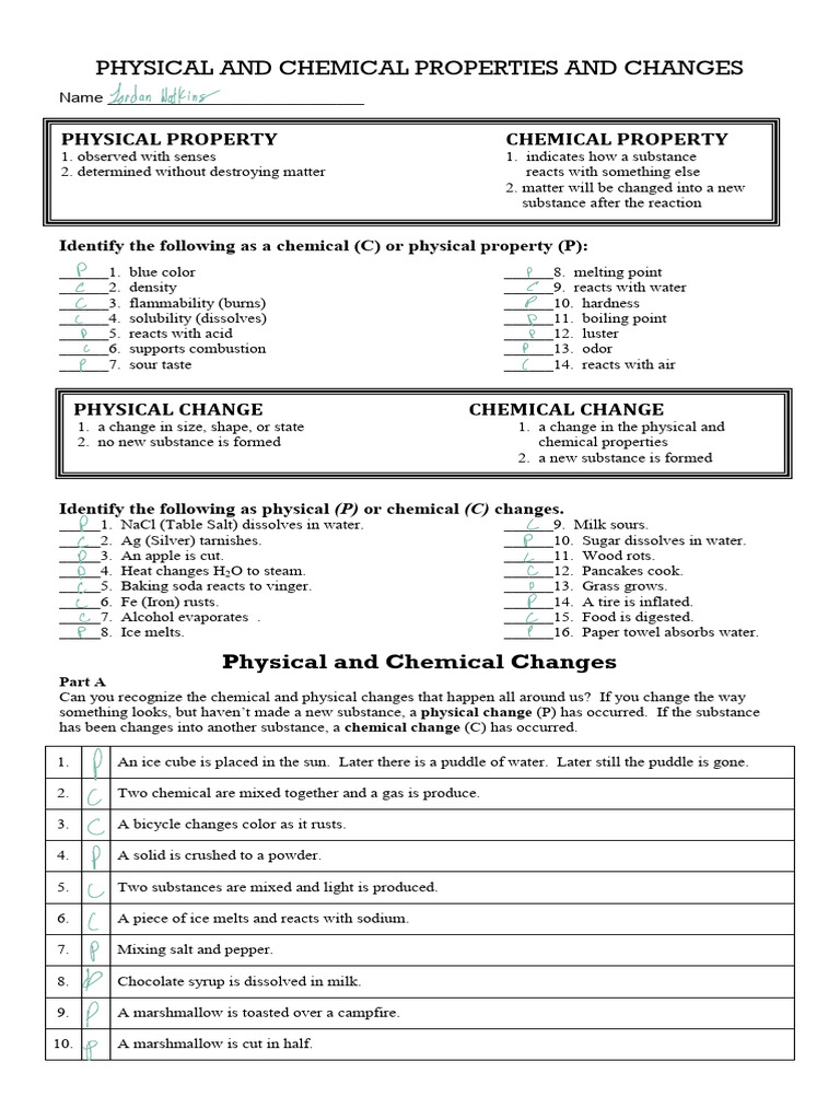 Physical and Chemical Changes Practice | PDF | Water | Chemical Substances