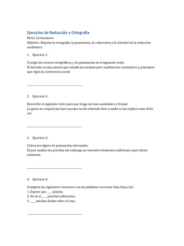 Ejercicios de Redaccion y Ortografia Licenciatura | PDF