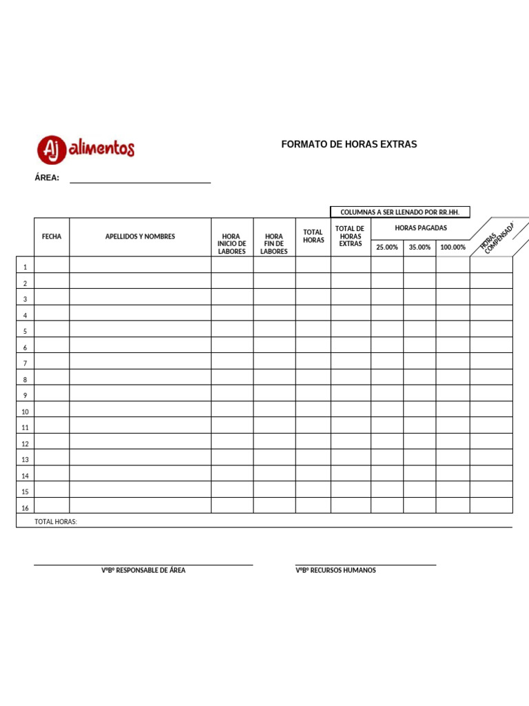 Formato de Horas Extras | PDF | Relaciones laborales | Ética de negocios