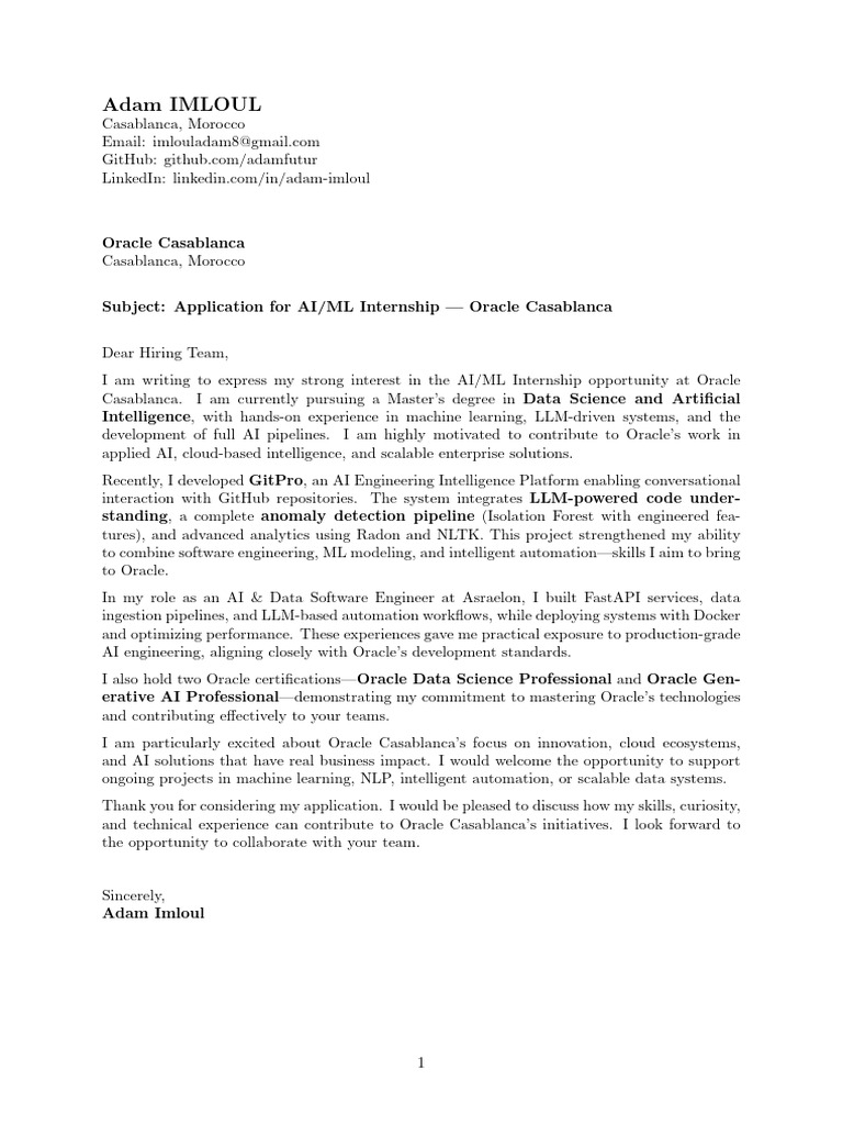Cover Letter Adam Imloul Oracle | PDF