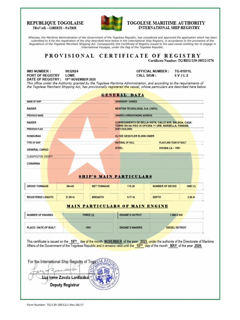 Provisional Ship Registry Certificate Togo | PDF | Ships | Tonnage