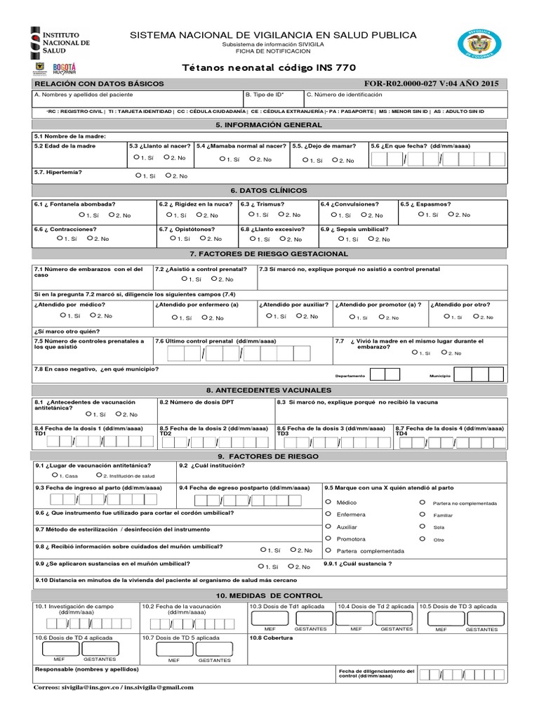Ficha Tetanos Neonatal | Infantes | Historial médico