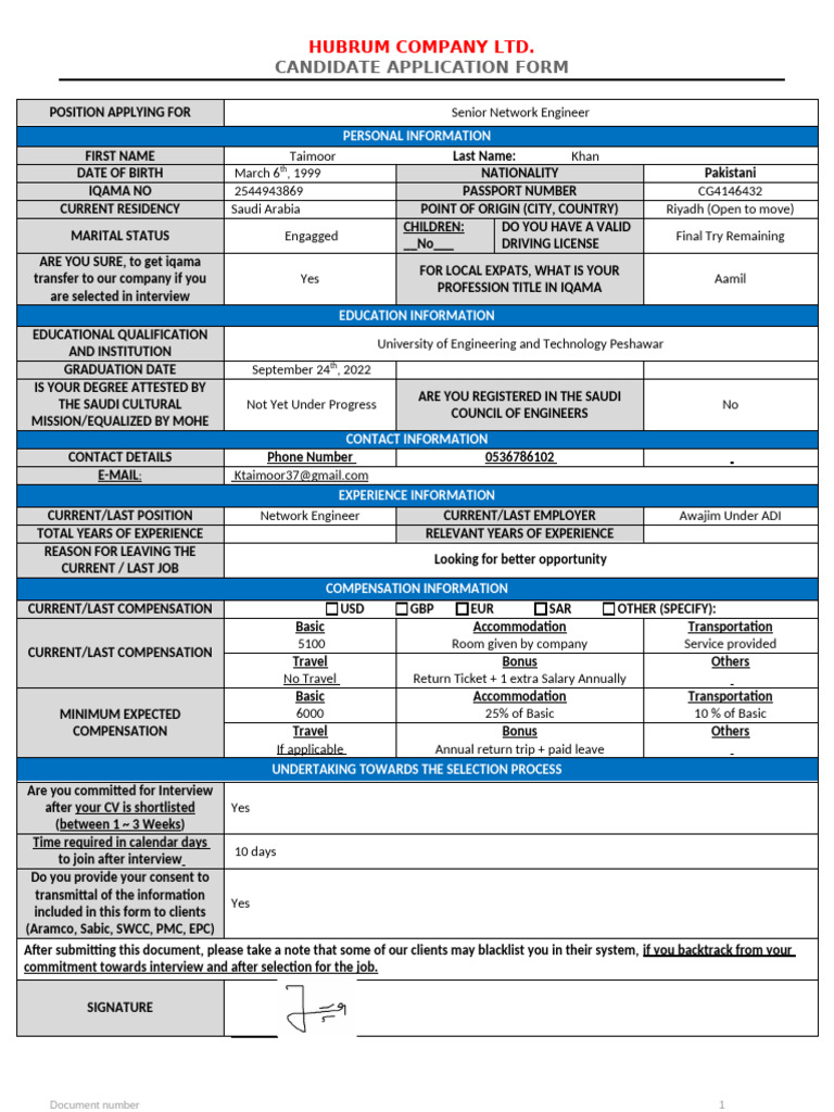 Senior Network Engineer Application Form | PDF | Labor
