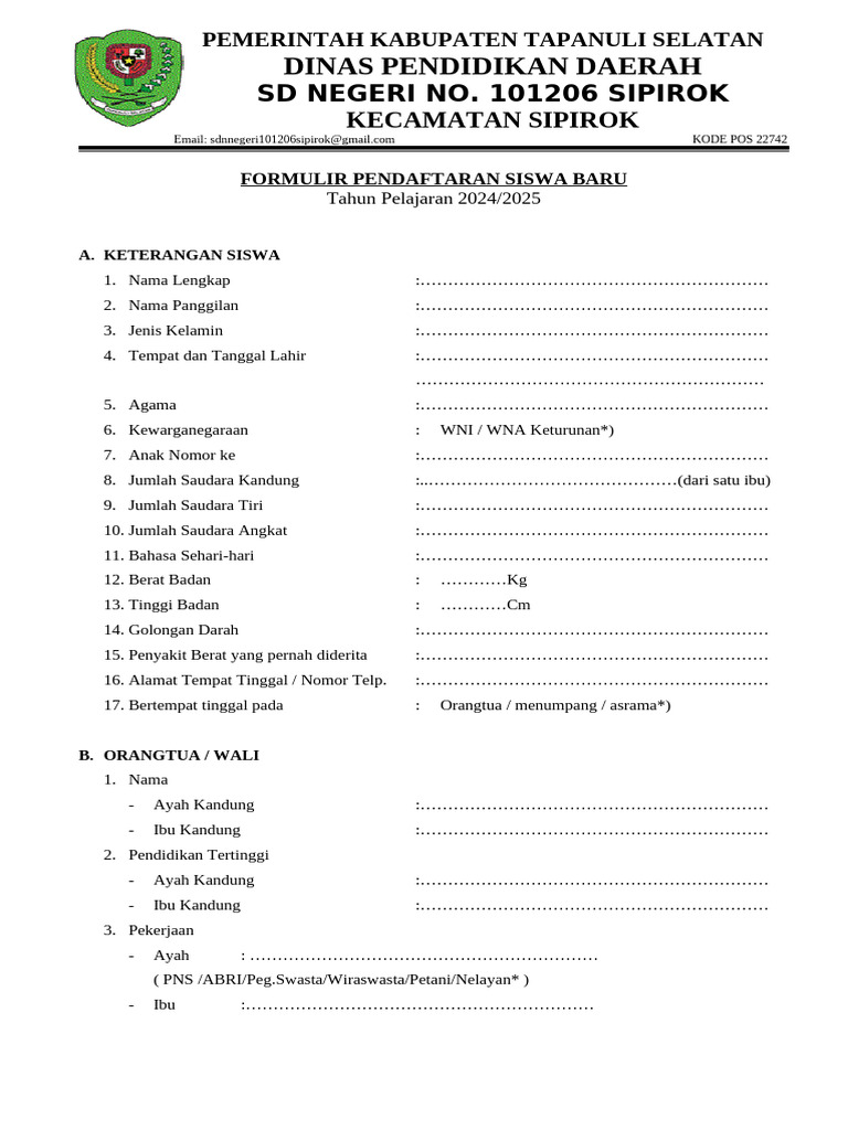 Formulir Pendaftaran Siswa Baru | PDF
