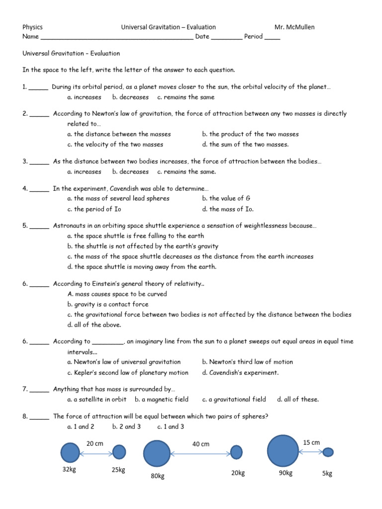 Universal Gravitation Evaluation | PDF | Newton's Law Of Universal ...