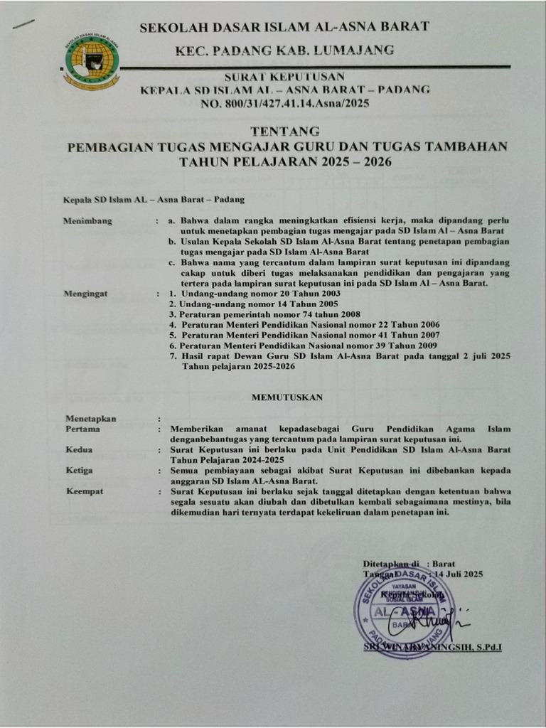 Sk Pembagian Tugas 2025-26 Ndun | PDF