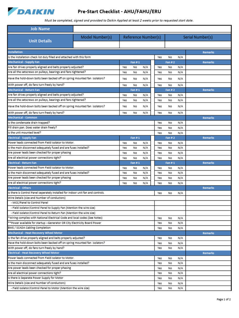 Pre-Start Checklist for AHU/FAHU/ERU | PDF | Fuse (Electrical) | Power ...
