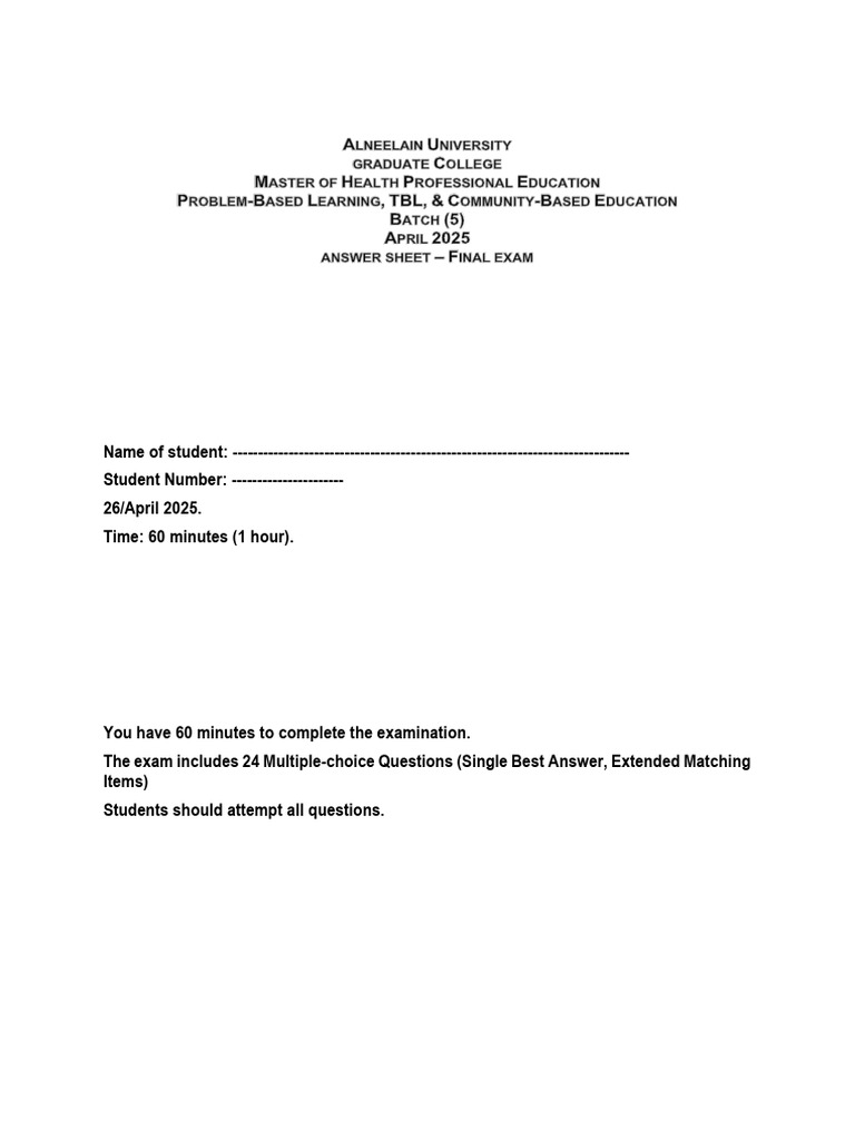 Problem Base Learing - Answer Sheet | PDF