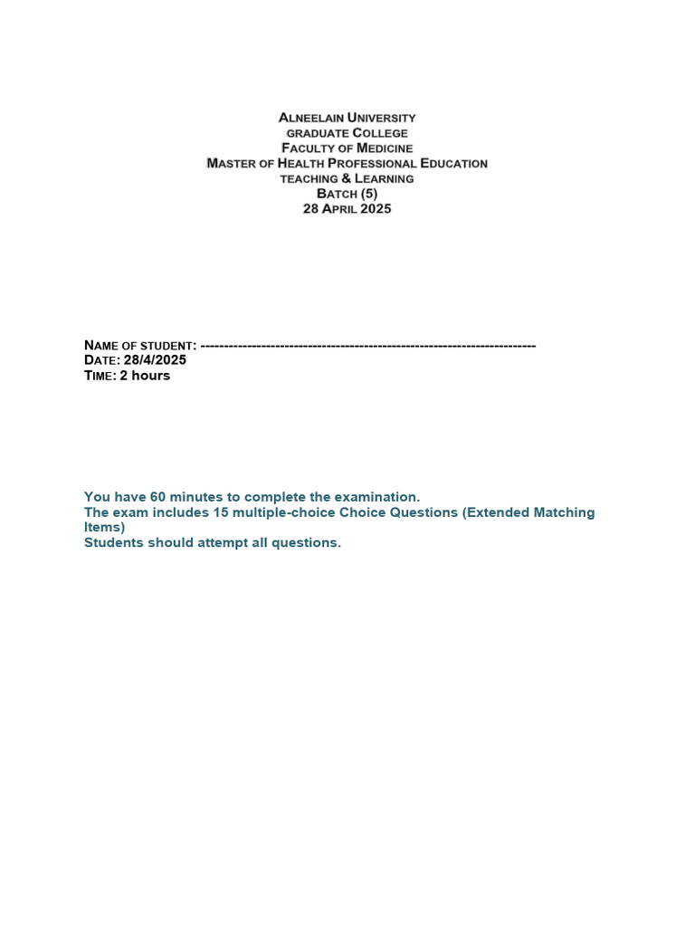 Student Exam: Extended Matching Items | PDF