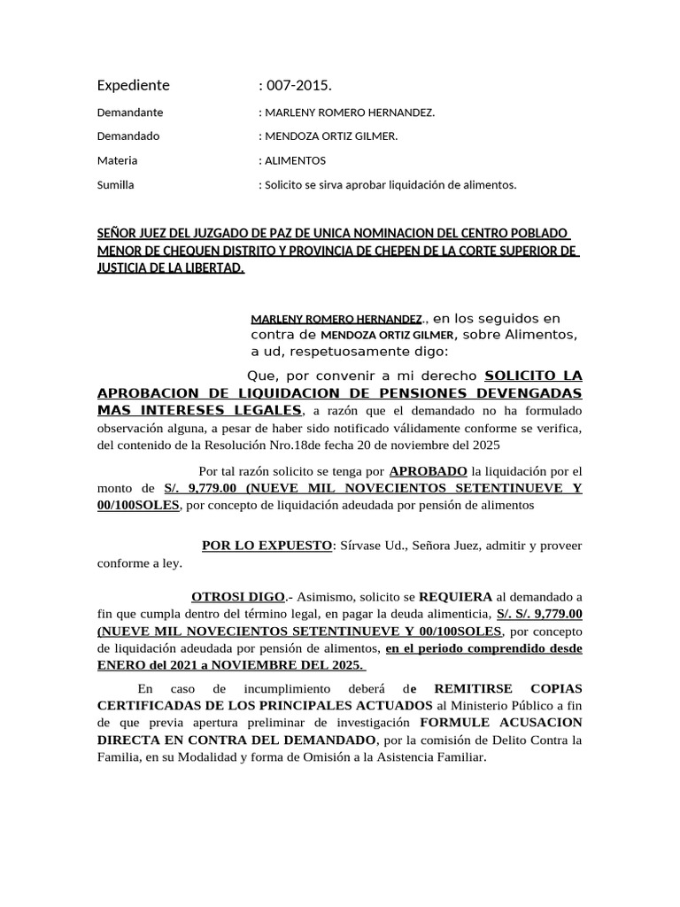Liquidación de Alimentos: Caso Marleny Romero | PDF