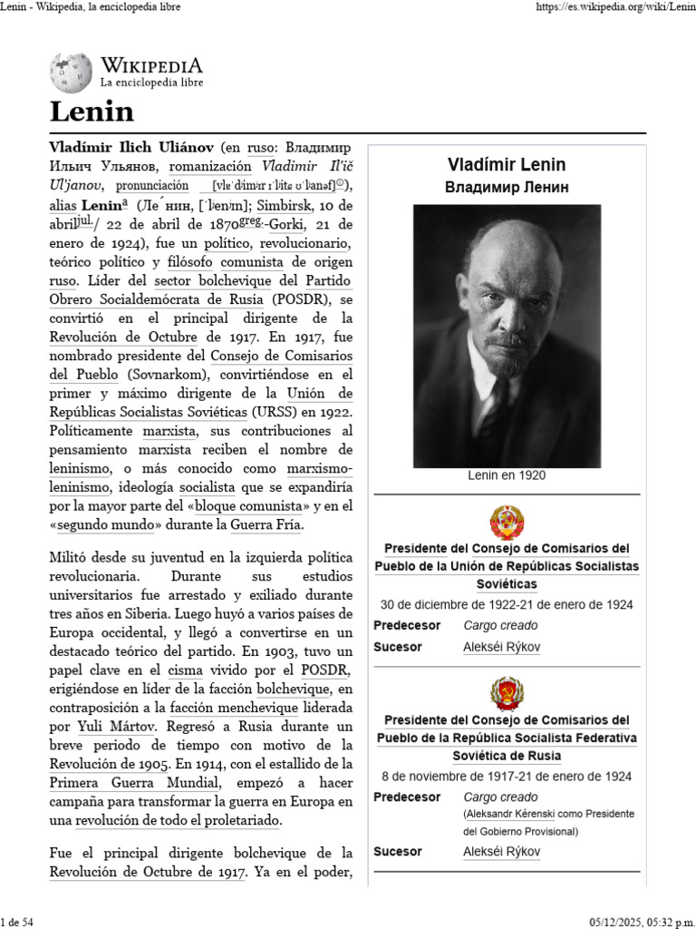 Lenin - Wikipedia, La Enciclopedia Libre | PDF | Vladimir Lenin ...