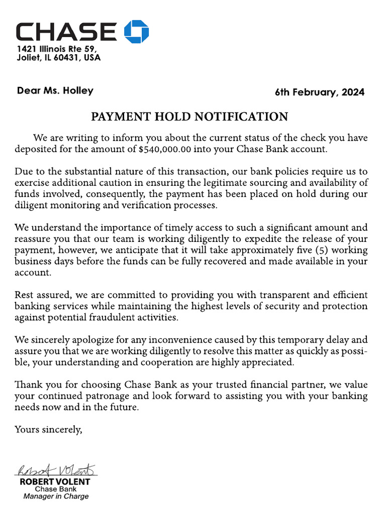 Chase Bank Payment Hold Notification Letter | PDF